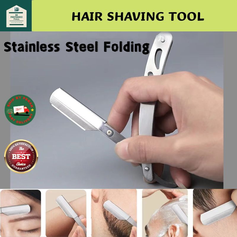Stainless Steel Folding Knife Hair Removal Kit Men Straight Barber Edge ...