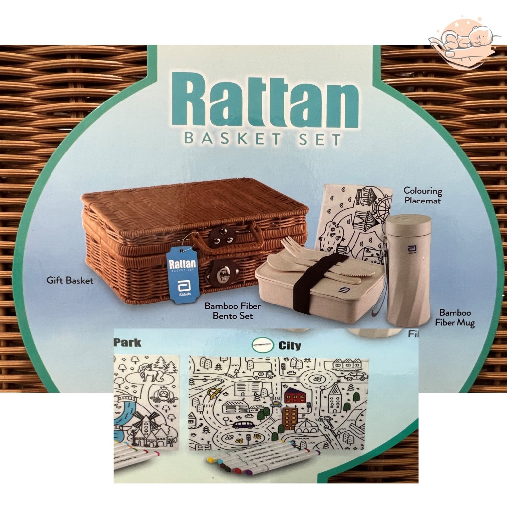 Rattan Basket Gift Set with Bamboo Fiber Bento Set, Mug and colouring ...