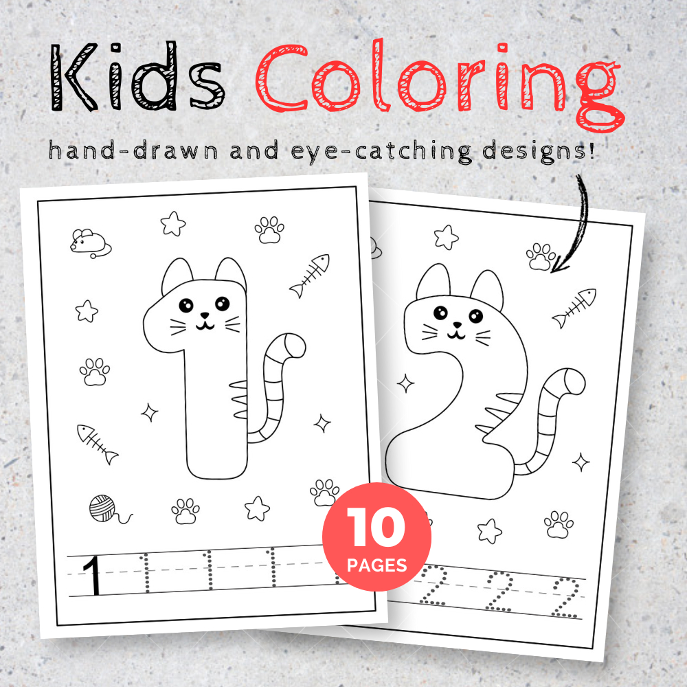 (PDF) Coloring Pages, Cat Numbers Coloring Pages, 10 Pages, hand-drawn ...