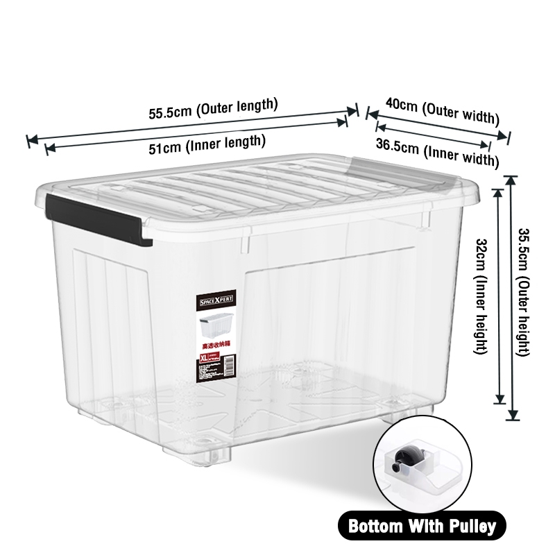 56/80/120L Clear Plastic Kotak Simpanan Storage Box with Wheels Handle ...