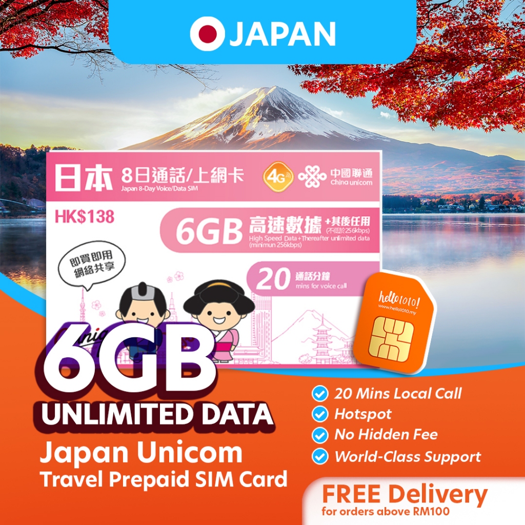 Hello1010 Japan Unicom 8 Days Travel Prepaid Sim Card (Data + Call ...