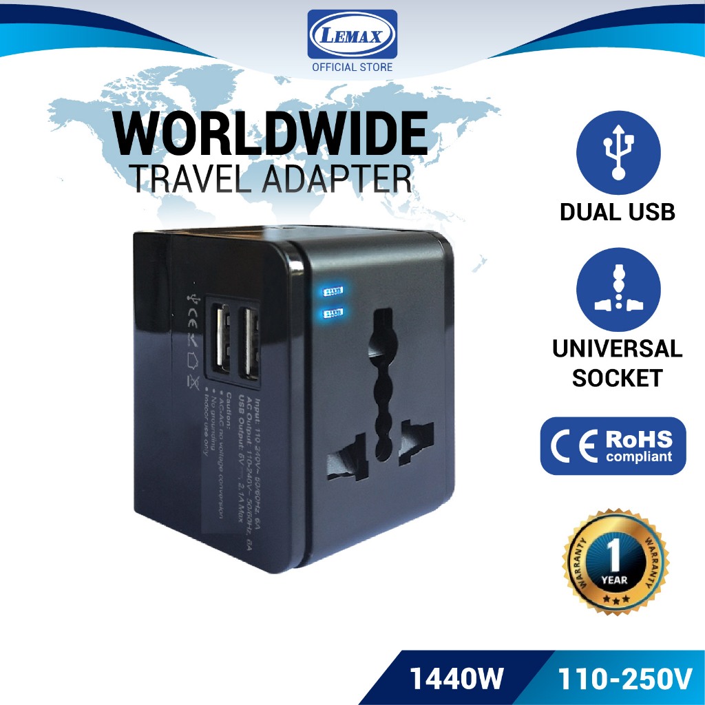 LMX 2 USB Universal Travel Adaptor with Neon Light 150 Countries CE ...