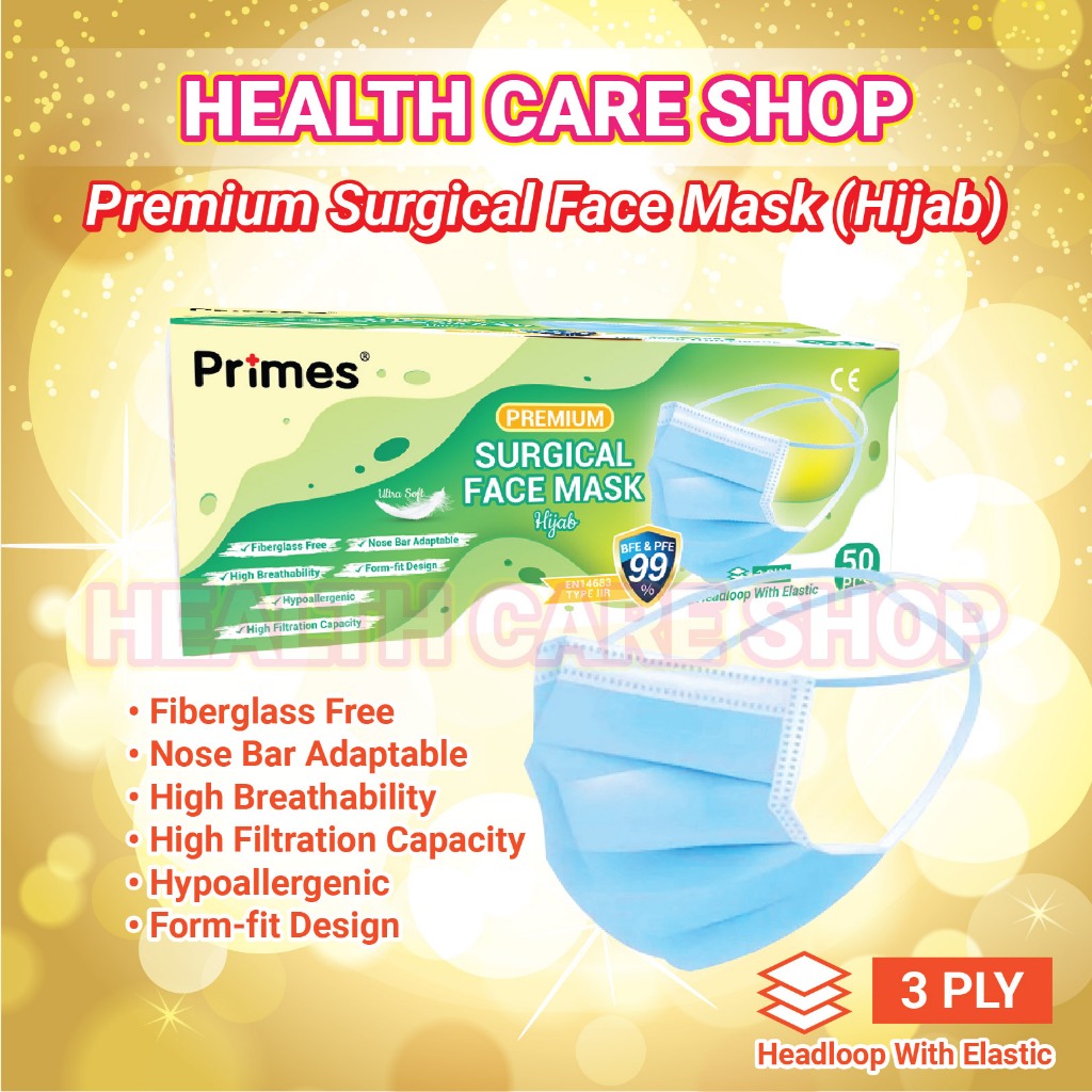 Primes Premium Surgical Face Mask ( Hijab ) 3Ply 50Pcs/Box Headloop ...