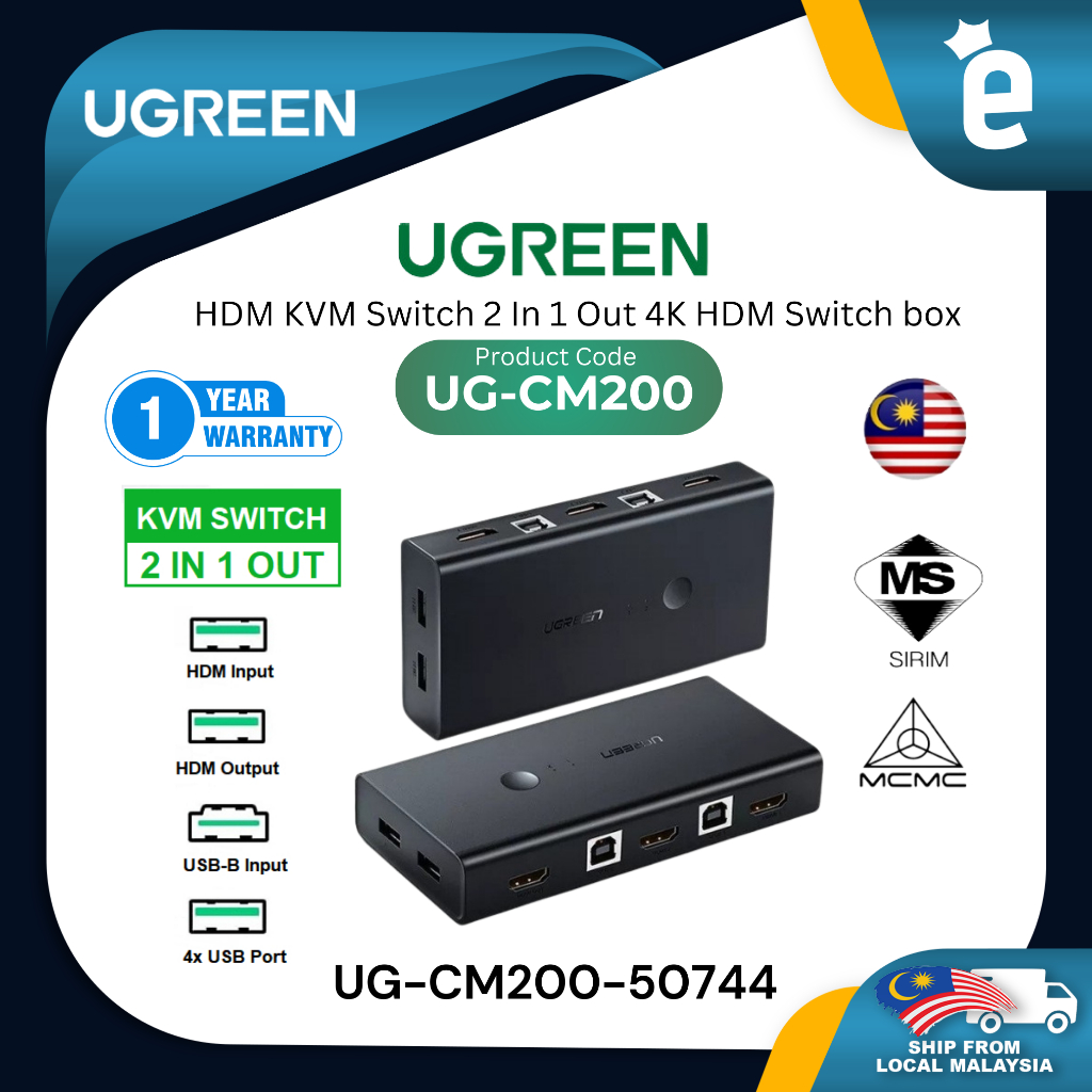 UGREEN CM200 HDM KVM SWITCH 2 IN 1 OUT 4K HDM HD SWITCH BOX SWITCHER ...