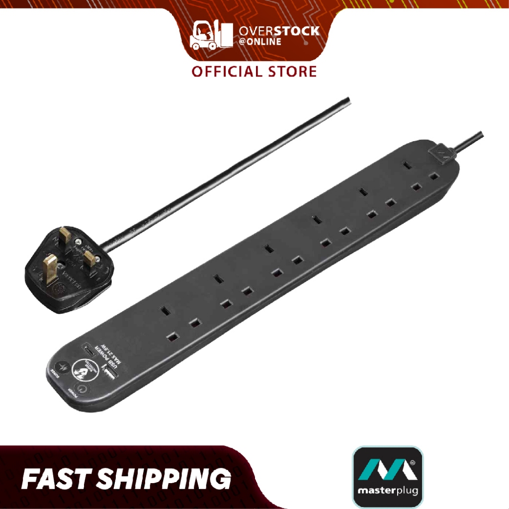 MASTERPLUG SRGUAC2262NB Surge Extension with 6 Socket, USB A, Type-C ...