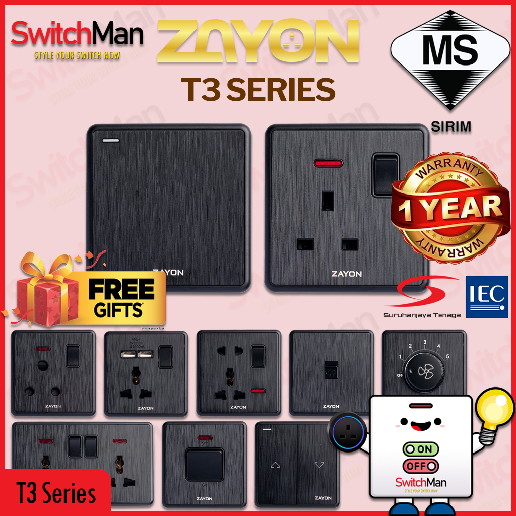 [SIRIM] ZAYON T3 Series Switch & Socket Suis Rumah 13/15/20/45A 1/2/3/4 Gang 1/2 Way Flat Pin ...