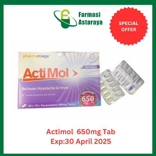 ACTIMOL 650 MG (PARACETAMOL 650 MG) e:4/25 1x10biji PHARMANIAGA ACTIMOL ...