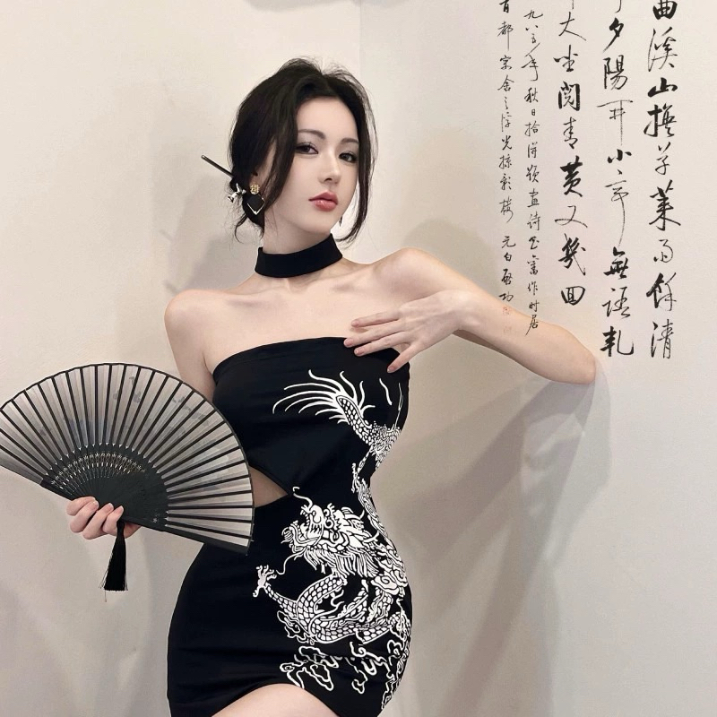 Chinese style Dragon Print Strapless Backless Hollow High Split Slim ...