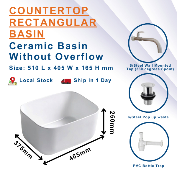 DOCASA 465mm Bathroom Ceramic Wash Basin Table Top Square Sink Laundry ...