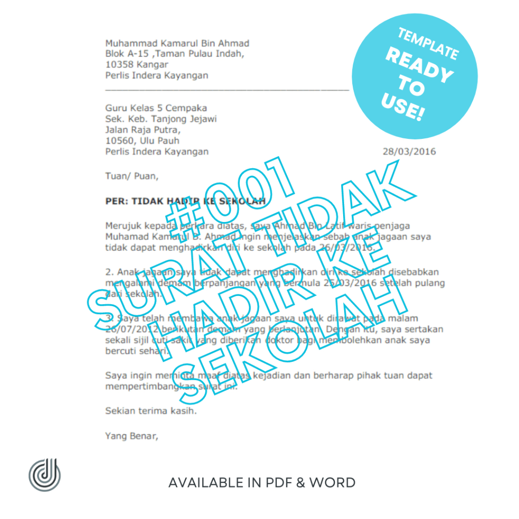 Surat Rasmi Pelajar Tidak Hadir ke Sekolah [BM] Sekolah Kebangsaan ...