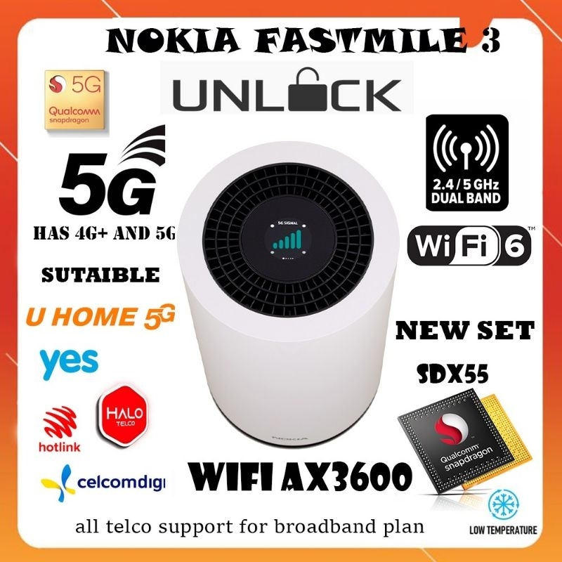 HAS/ADA KOTAK BOX 100% NEW NOKIA FASTMILE 3 WIFI 6 AX3600 SDX55 IPQ8072A Quad Core with LCD ...
