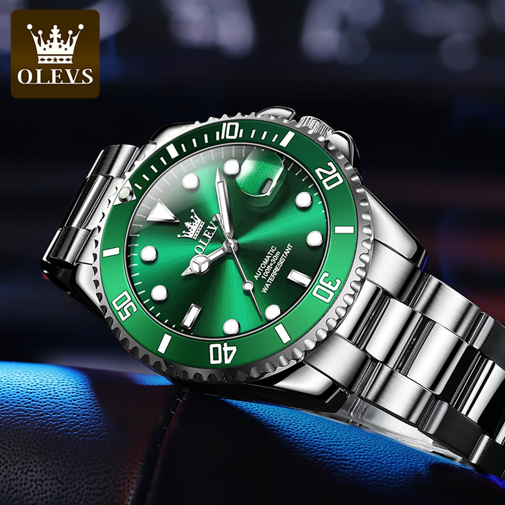 OLEVS Submariner Green Dial Mens Watch Stainless Steel Mechanical ...