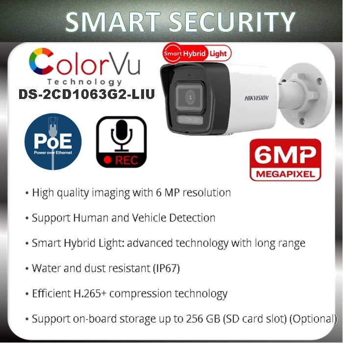 HIKVISION HIK DS-2CD1063G2-LIU 6.0MP POE + COLORVU + MIC / AUDIO Smart Hybrid Light 6MP 2048P IP ...