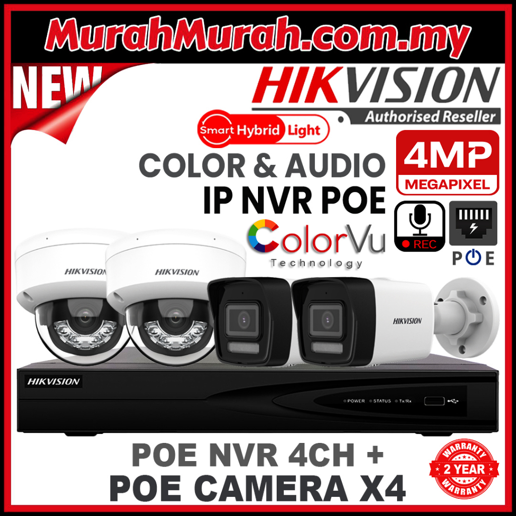 HIK HIKVISION 🌟4 Channel🌟 4.0MP Smart Hybrid Light POE + COLORVU + MIC ...