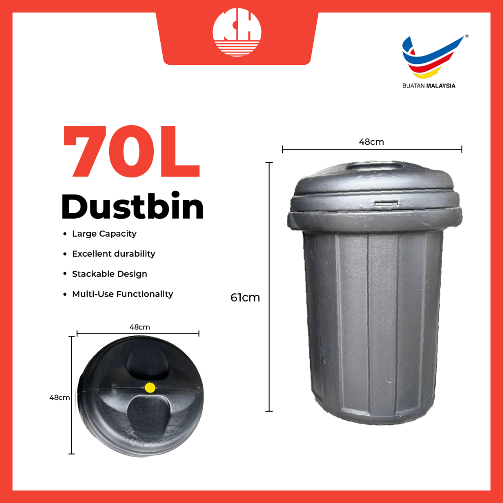 70 Liter Mapo Fiber Dustbin Unbreakable Bin Heavy Duty Dustbin Tong Sampah Tong Hitam 黑色垃圾桶 水桶 ...