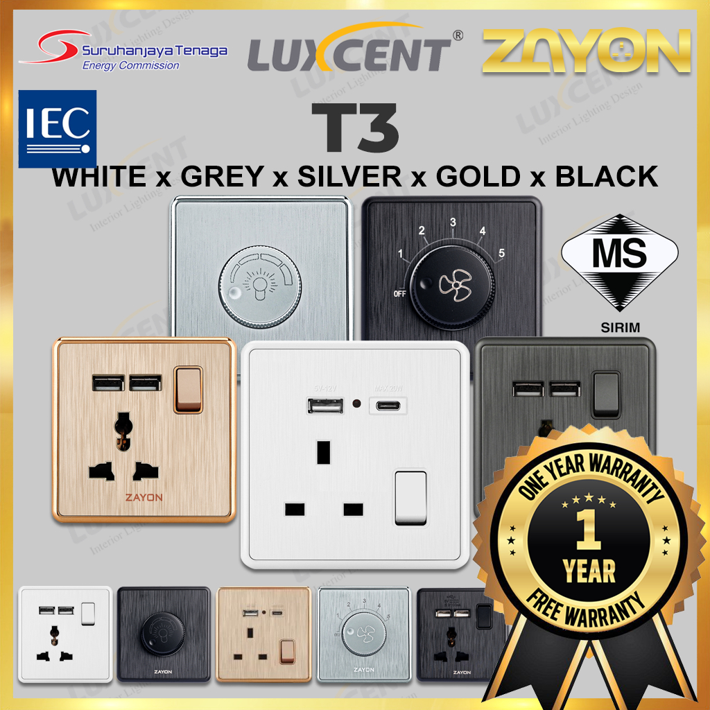 Zayon T3 Wall Switch & Socket 13A Universal / Switched Socket USB ...