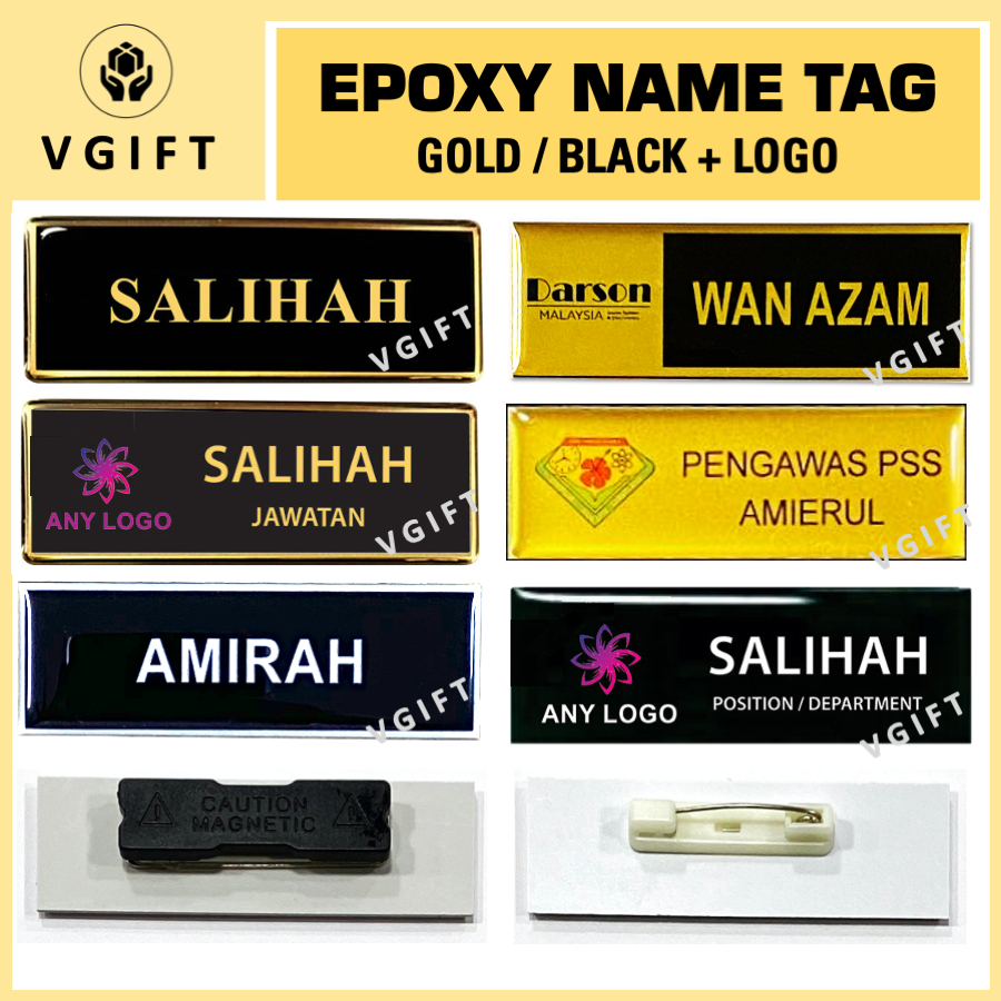[Min 2 PCS] Name Tag Magnet Pin Epoxy Gold Silver Tag Nama Sekolah ...