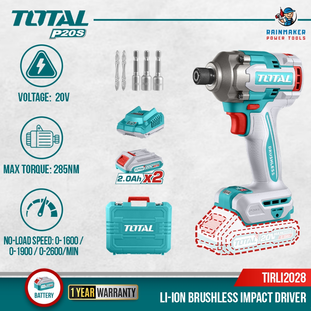 TOTAL Li-ion Impact Driver (285Nm) Brushless Motor + Battery (2 Pcs ...
