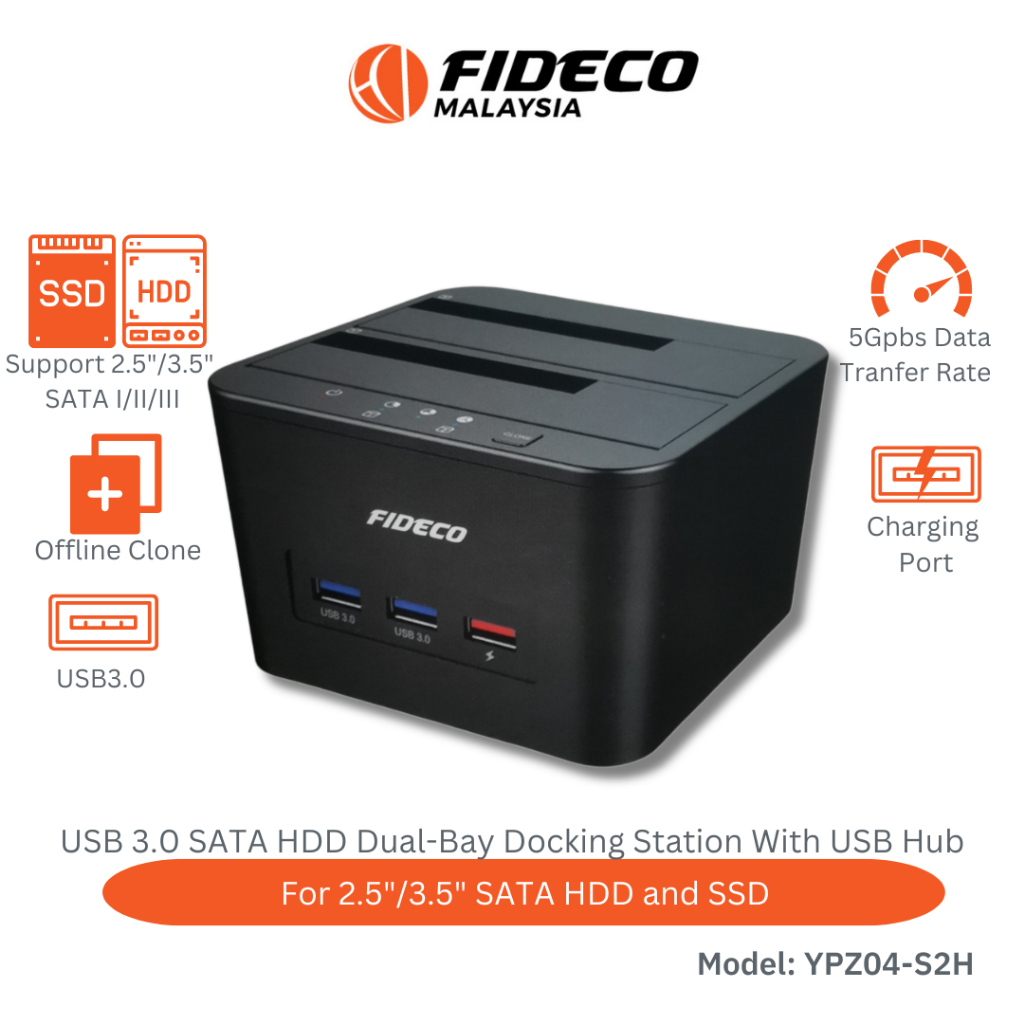 FIDECO YPZ04-S2H-U3 USB 3.0 Dual Bay HDD SSD Docking Station With Built-In USB 3.0 hub | Shopee ...