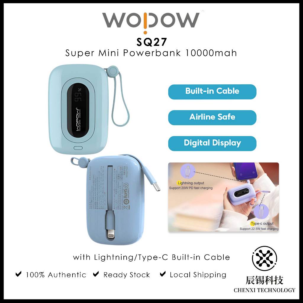 WOPOW SQ27 Super Mini Powerbank 10000mah with Lightning/Type-C Built-in ...