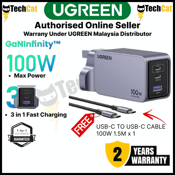 Ugreen Nexode Pro 100W 3-Port GaN Fast Charger with USB-C TO USB-C CABLE 100W 1.5M | Shopee Malaysia