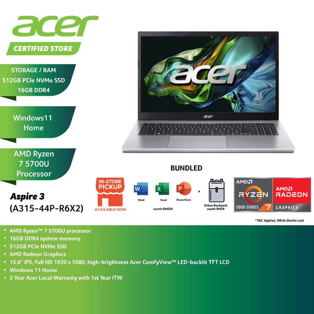 Acer Aspire 3 A315-44P-R6X2 15.6'' FHD Laptop Pure Silver ( Ryzen 7 5700U, 16GB, 512GB SSD, ATI ...