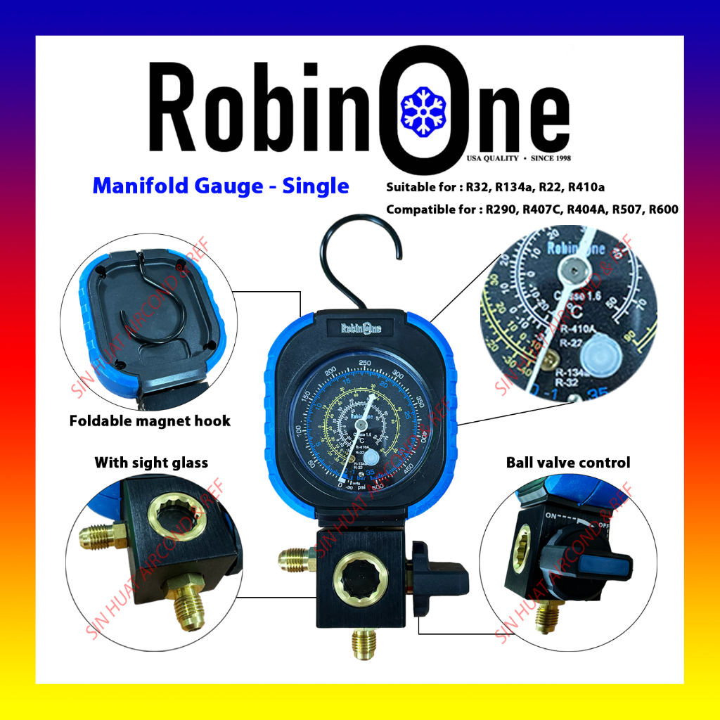 MANIFOLD GAUGE ROBINONE SINGLE RMG-R32-H1S HAND VALVE R32 R410A R22 ...