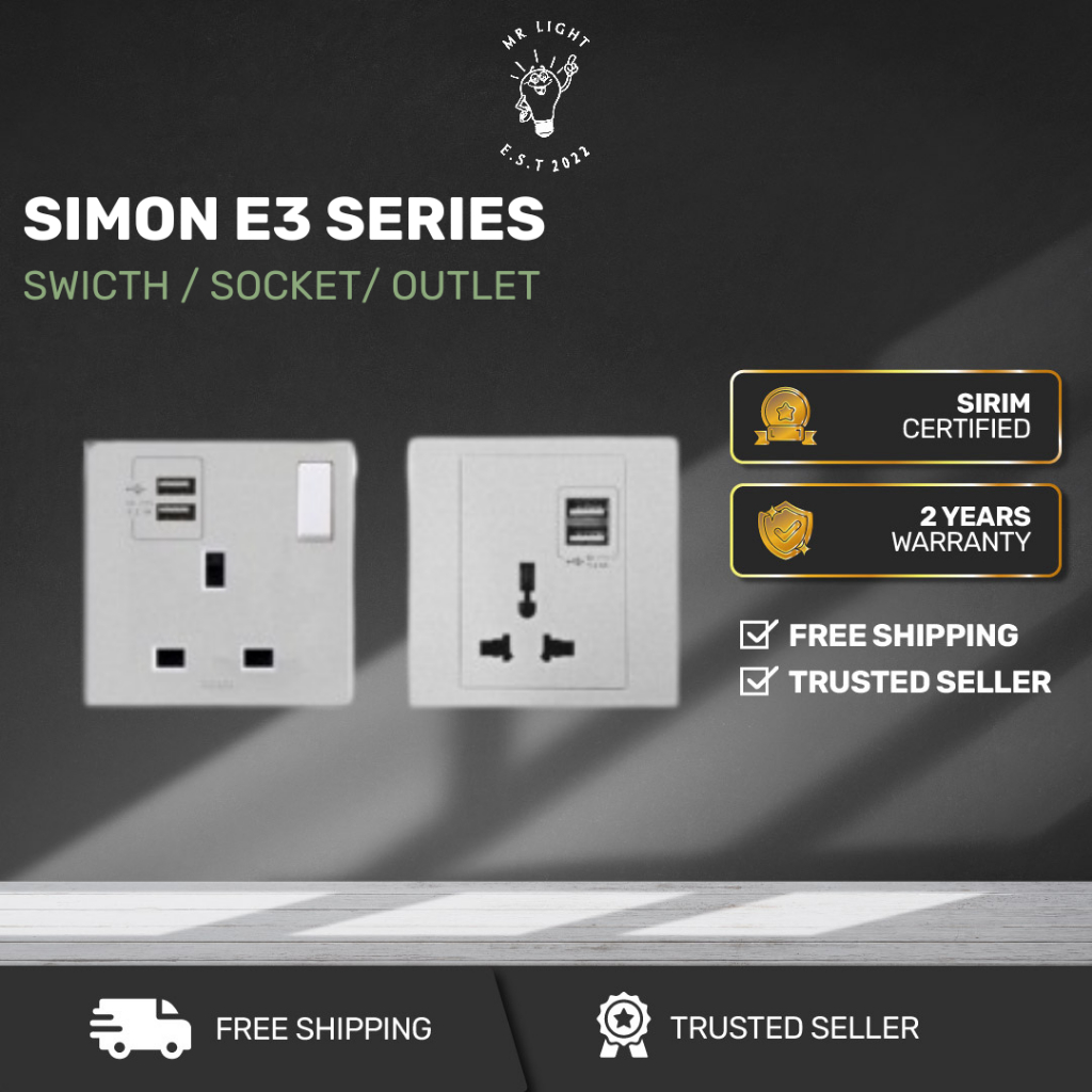[SIRIM] Simon E3 series 3 Pin Socket With Double USB Charging Port (5V ...