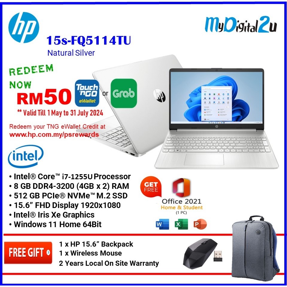 HP Laptop 15s-FQ5114TU (i7-1255U/8GB/512GB SSD/Win11/Office H&S 2021 ...