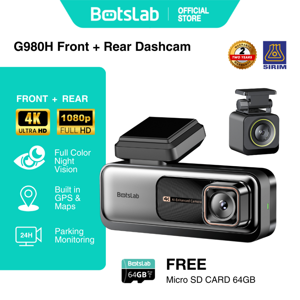 Botslab Dash Cam G980H Front + Rear 4K/1080P Camera Full Color Night ...