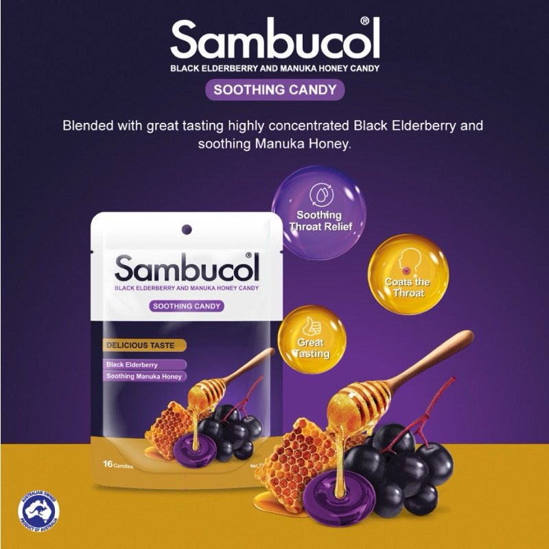 SAMBUCOL BLACK ELDERBERRY HONEY CANDY 16S 【WITH MANUKA HONEY&ELDERBERRY ...