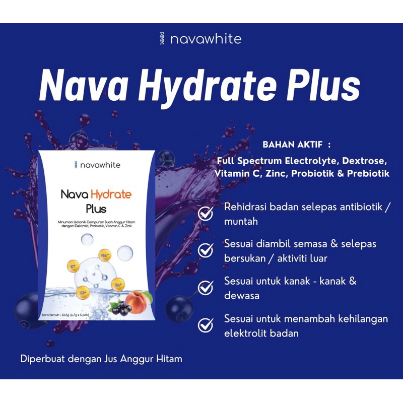 NAVAWHITE Nava Hydrate Plus Instant Rehydration Energy ORS Dehydration Solution Cirit-Birit ...