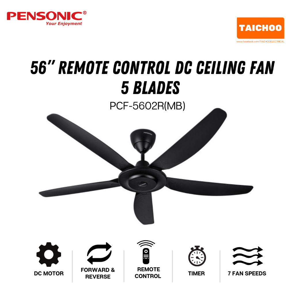 Pensonic 56” Remote Control Ceiling Fan Matt Black (DC Motor) PCF-5602R ...