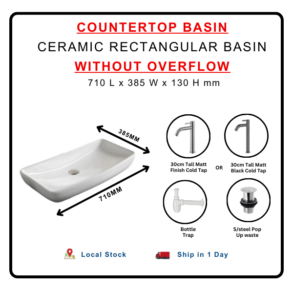 710MM Bathroom Rectangle Ceramic White Basin Counter Top Basin Without ...