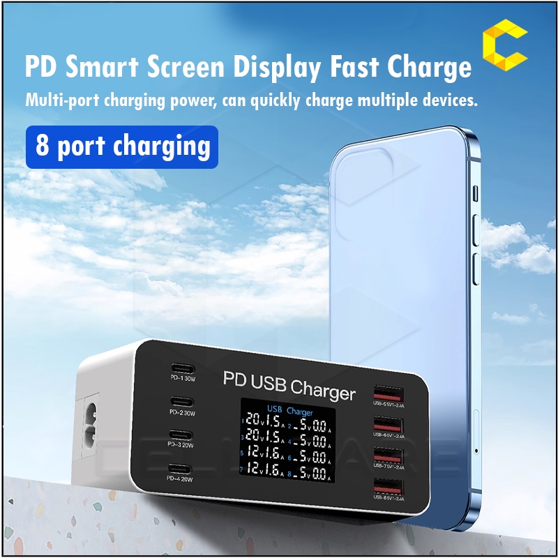 8 Port 65W PD+USB Smart LCD Display Fast Charging Wall Charger 4 PORT ...