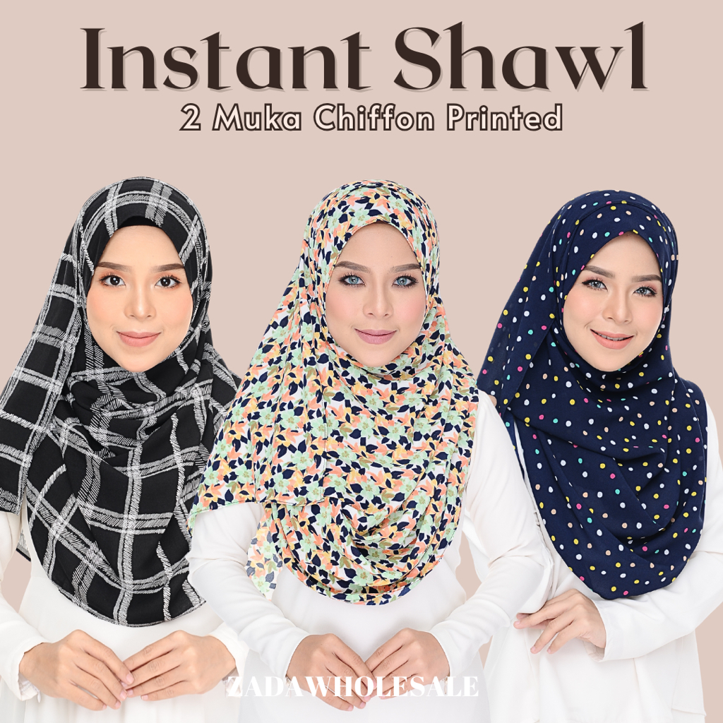 Tudung Instant Shawl Chiffon Printed 2 Muka Hijab Flowy Wideshawl 2 ...