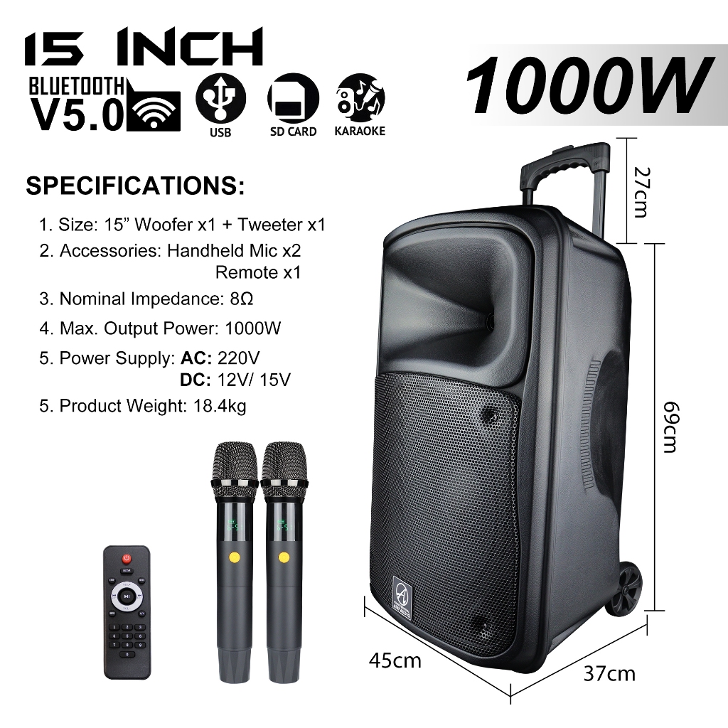 Ampaudio Portable 12/15 Inch Bluetooth Portable Speaker With 2 Wireless ...