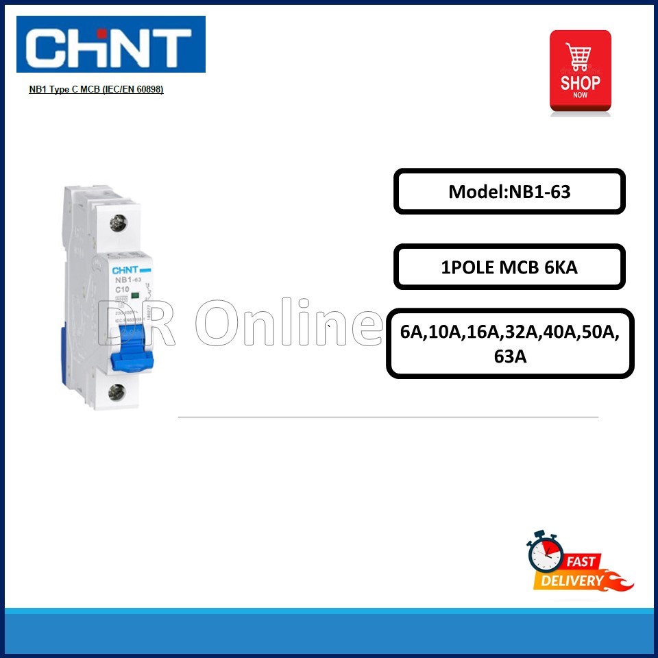 CHINT 1P/2P/3Pole 6KA MCB - 6A , 10A , 16A , 20A , 32A,40A,63A (NB1 Type C IEC/EN 60898) JKR ...