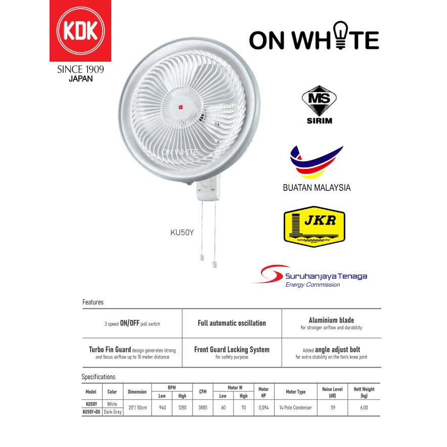 KDK WALL FANS KU50Y WHITE (50cm/20”) | Shopee Malaysia