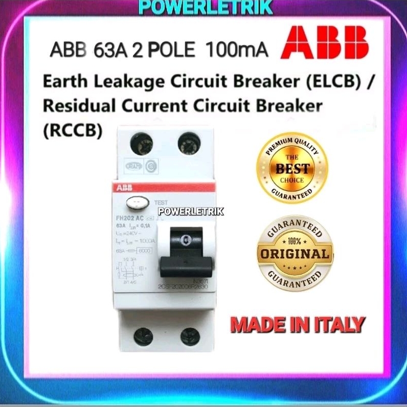 ABB FH202 AC 2 POLE 63A 100mA~(0.1) ELCB RCCB / ABB 2POLE 63A 100mA RESIDUAL CURRENT CIRCUIT ...