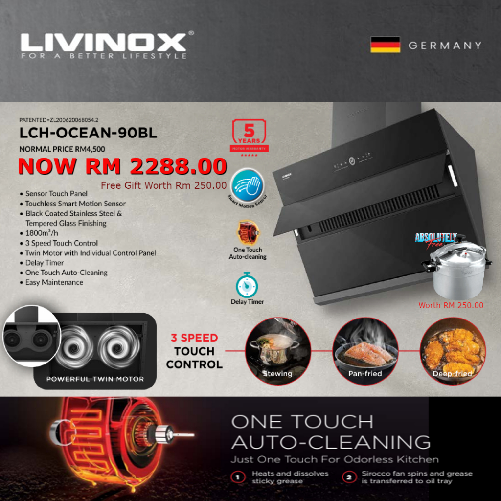 LIVINOX LCH-OCEAN-90BL Cooker Hood/Penyedut Asap Dapur/Penyedut Minyak ...