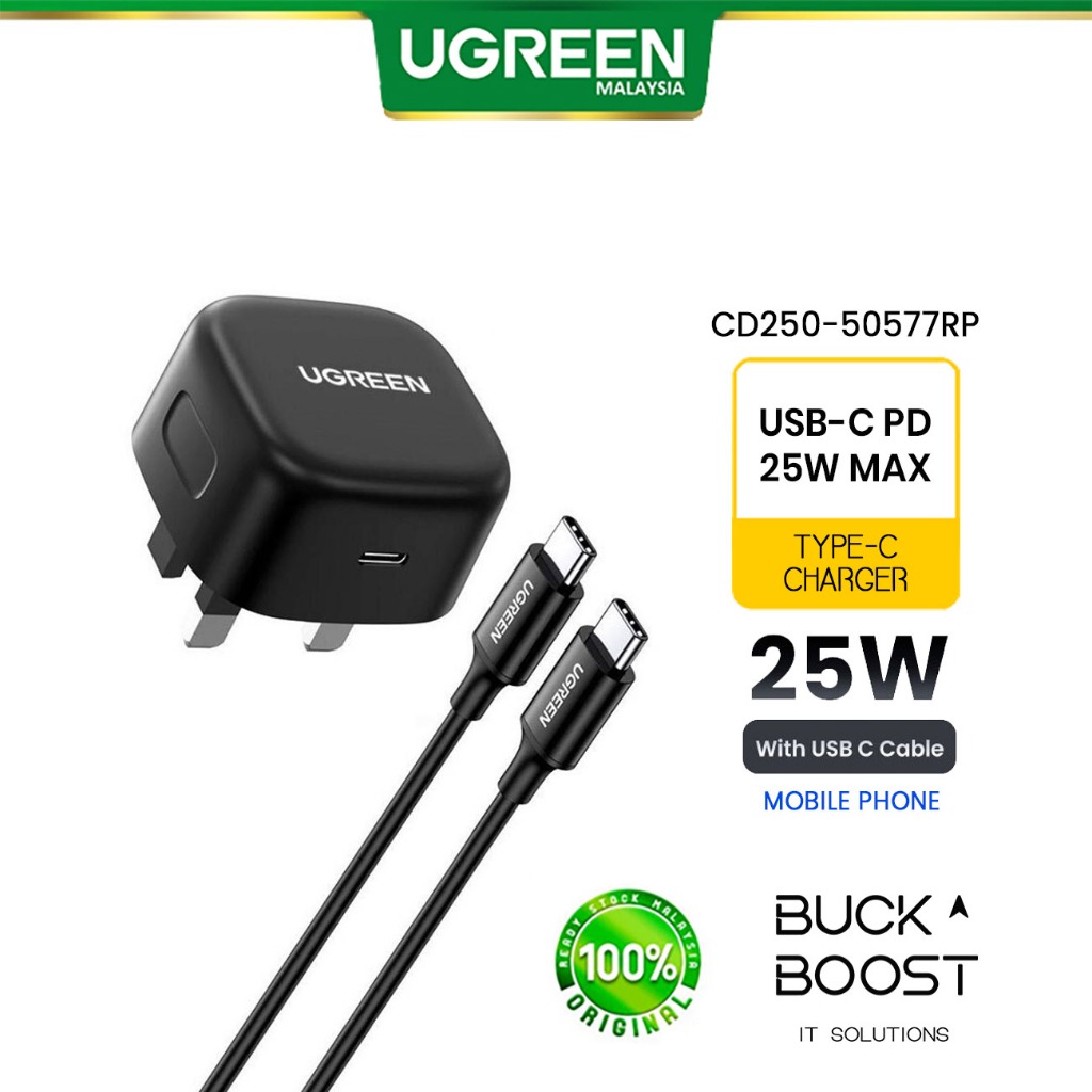 UGREEN (CD250) 25W USB-C PD FAST CHARGER UK PLUG + USB-C TO USB-C CABLE 2M (BLK) | Shopee Malaysia