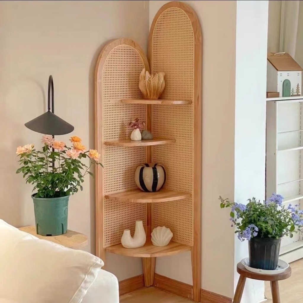Corner partition rack solid wood rattan rack living room screen sofa ...