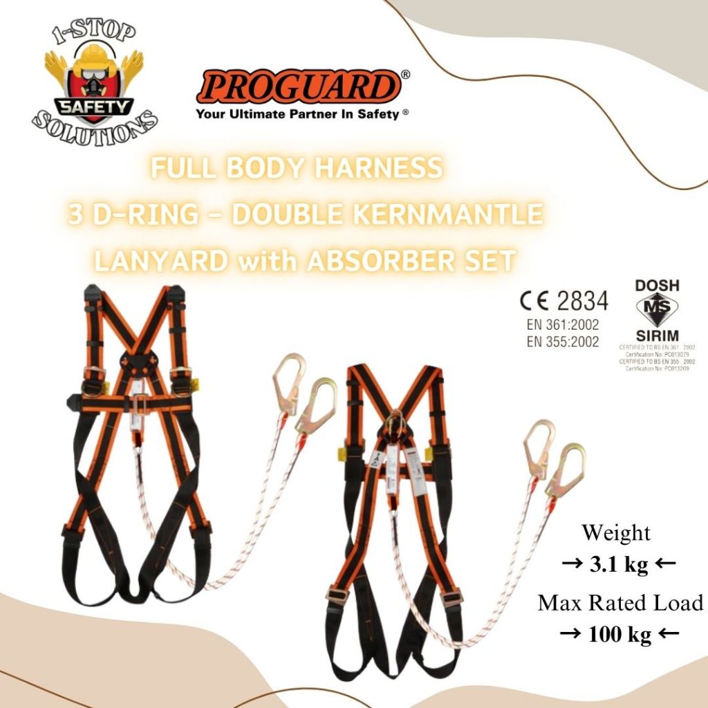 Proguard 3 D-Ring Full Body Harness - 1.8m Double Kernmantle Lanyard ...