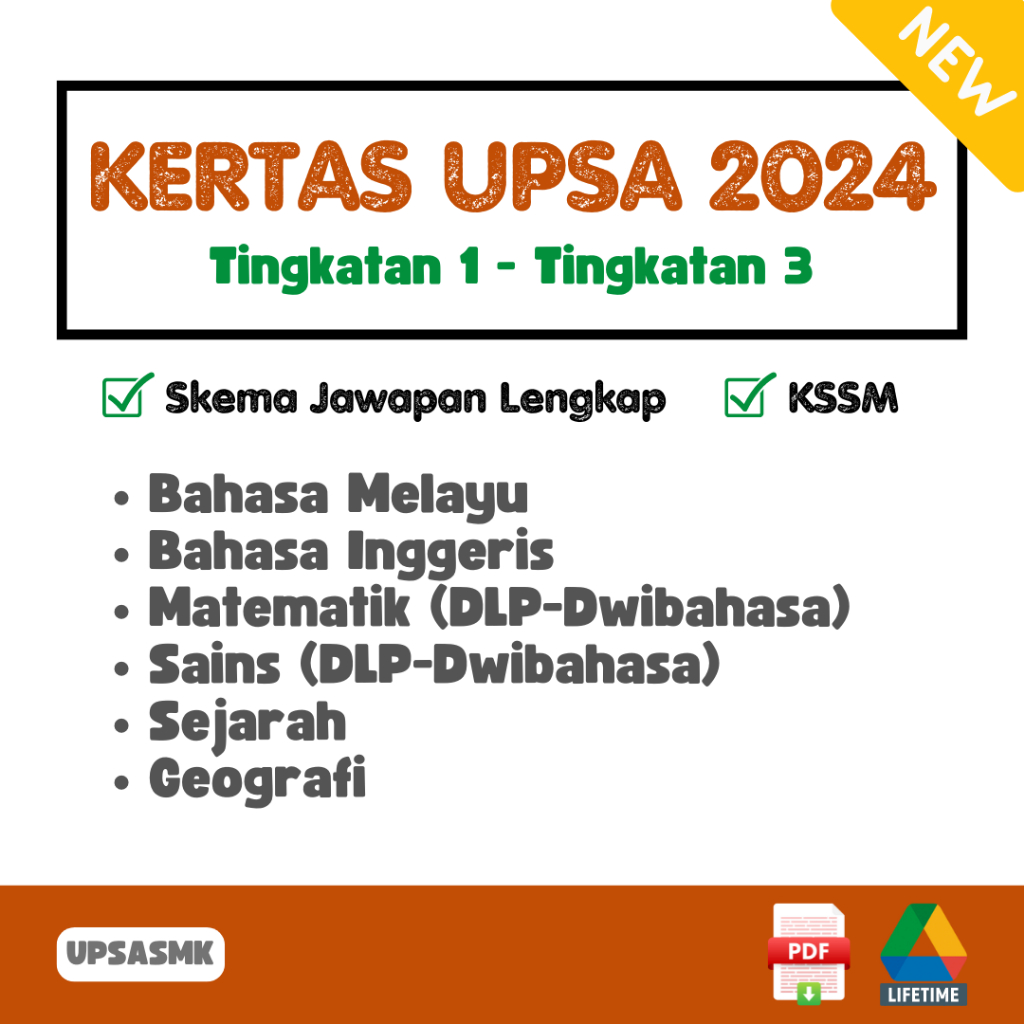 [PDF] KERTAS UPSA SMK 2024 Tingkatan 1 2 3 UPSA Paper Form BM English Sains Matematik Geografi ...