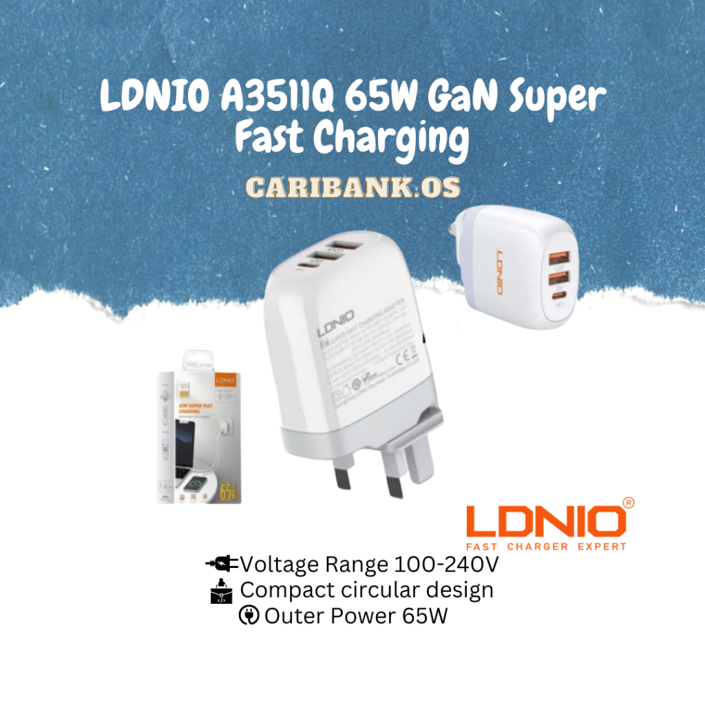 LDNIO A3511Q 65W GaN Super Fast Charging QC3.0 + PD 65W UK Charger ...