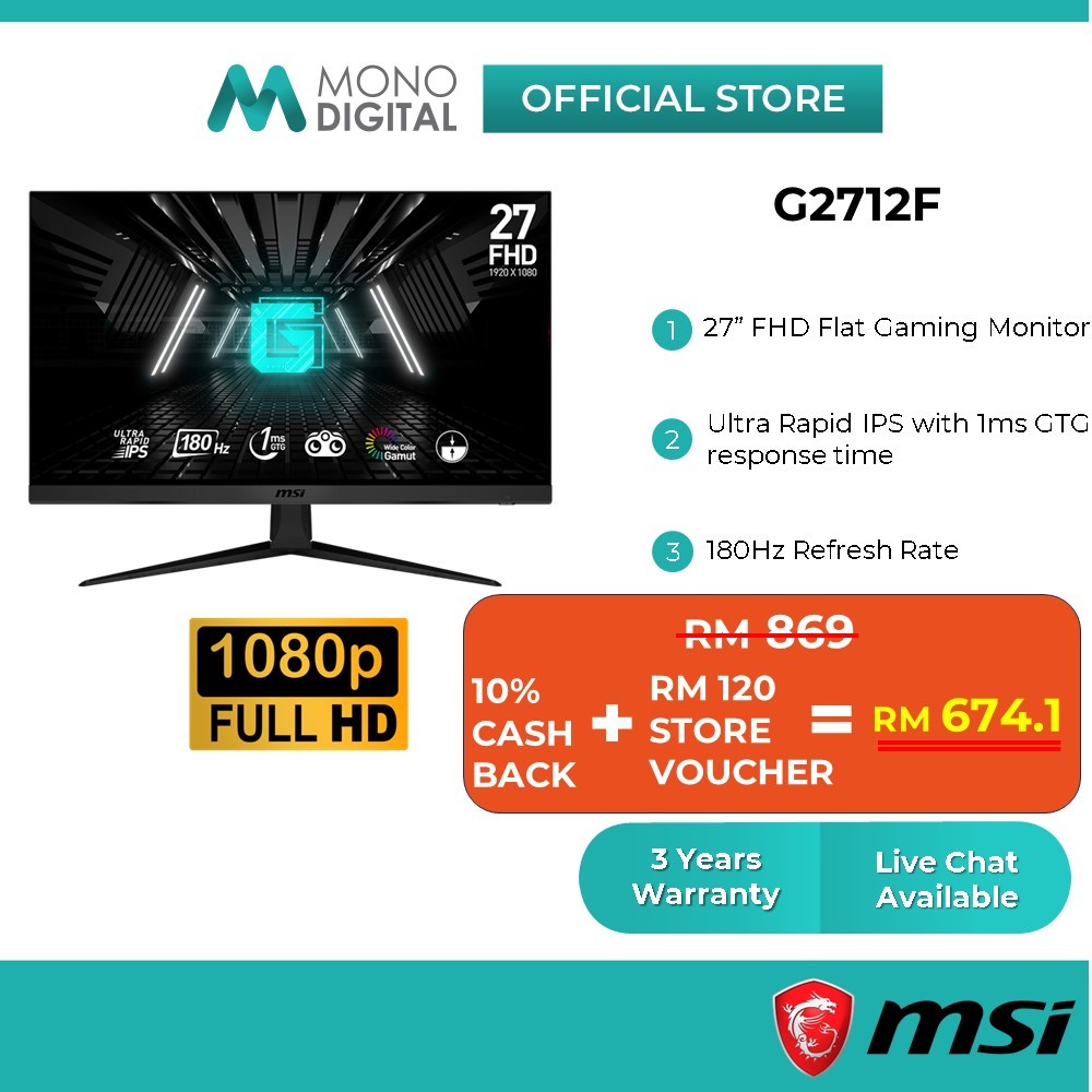 MSI Optix G2712F FHD Full HD 27" Gaming Monitor (27"/1920x1080/180Hz/Ultra Rapid IPS Panel/1ms ...