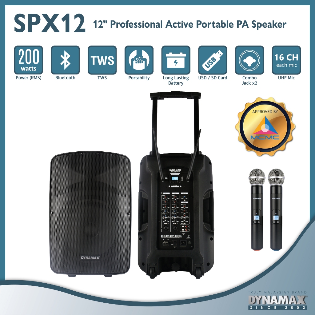 DYNAMAX SPX12 12" 200W Professional Active Portable PA Speaker With 2 pcs 16 Channel UHF ...