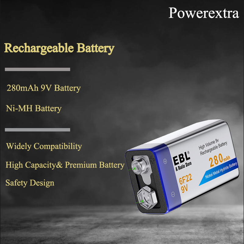 EBL 280mAh 9V Ni-MH Rechargeable Batteries 6F22 9-Volt Battery Bateri ...