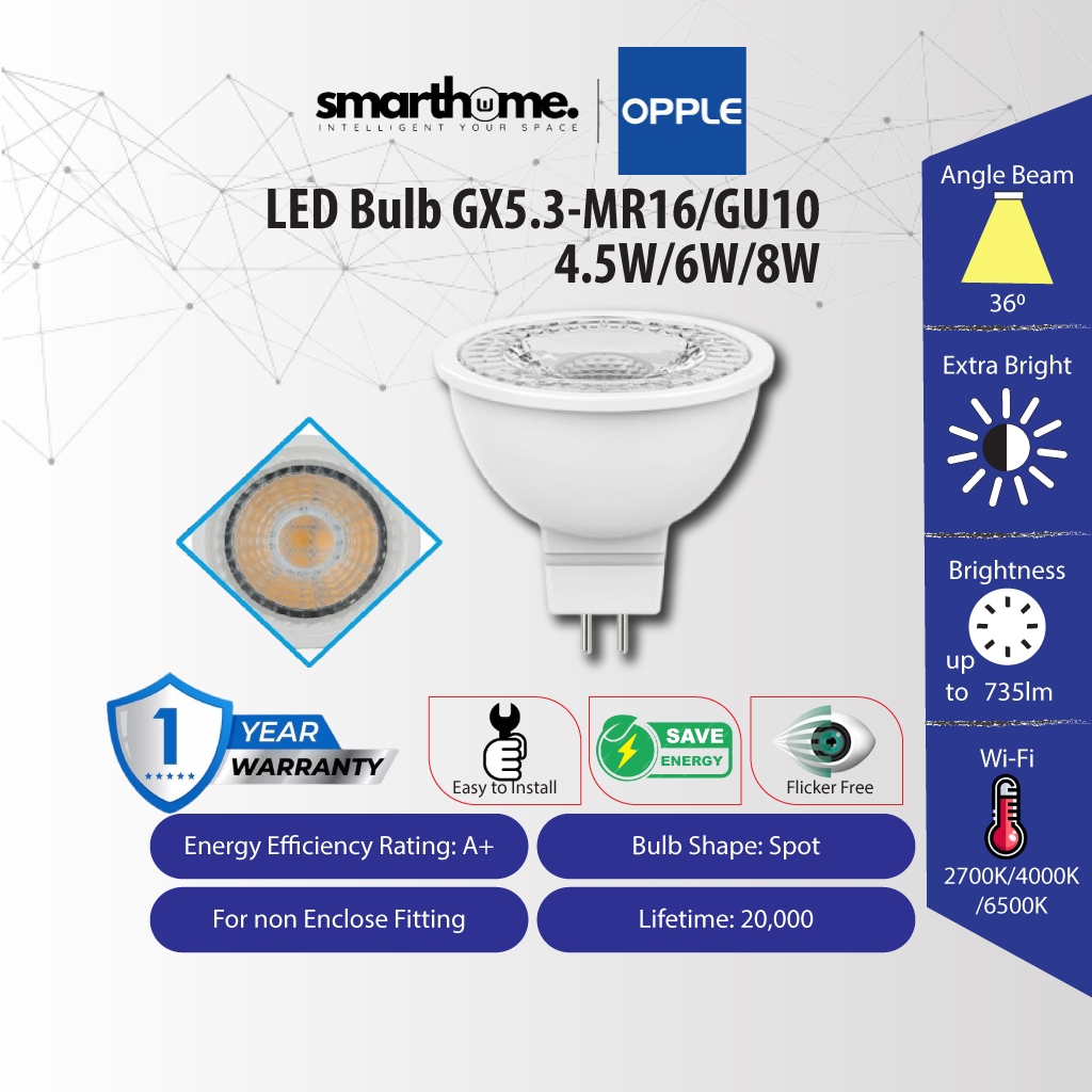 OPPLE GX5.3/MR16, GU10 LED BULB 5W 6W 8W - 2700K/4000K/6500K - 1 YEAR ...